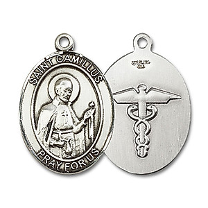 Bonyak Jewelry Saint Medal Collection Sterling Silver St. Camillus of Lellis Pendant 1 x 3/4 inches with Heavy Curb Chain