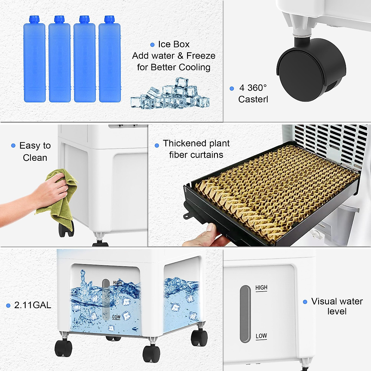 Cobuy Evaporative Air Cooler, 3-IN-1 Windowless Air Conditioner Portable, Swamp Cooler with 2 Gal Water Tank, Timer, 3 Speed, Remote, 4 Ice Packs, Cooling Fan for Room Home Office Indoor Use