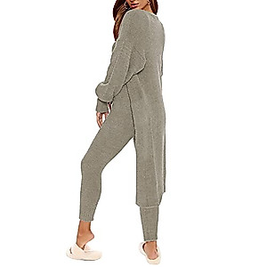 Fixmatti Fuzzy 3 Piece Legging Set for Women Open Front Cardigan Cropped Tops Long Pant Suit Khaki S