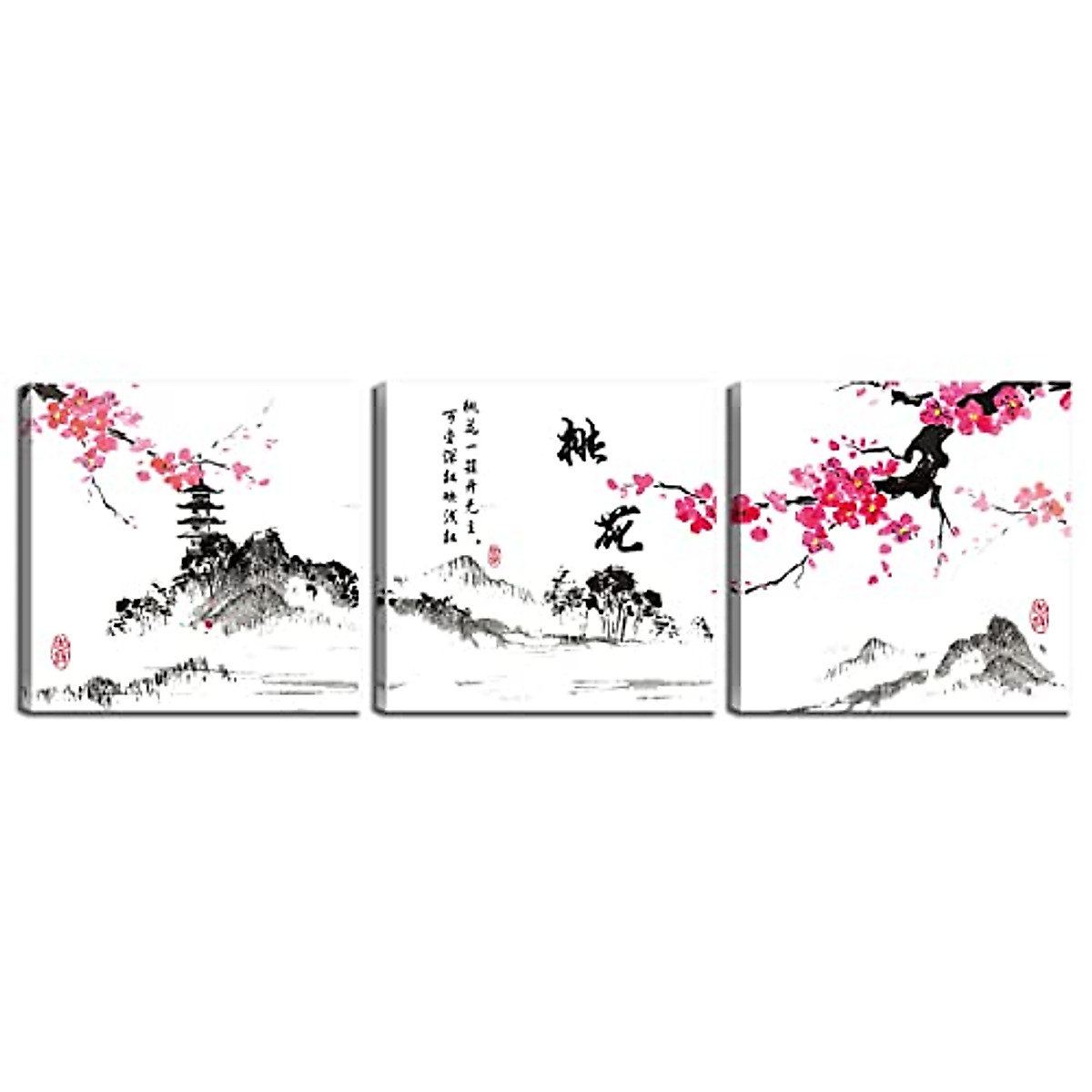 NAN Wind Small Size Traditional Chinese Painting of Peach Blossom Canvas Prints 3 Panels Calligraphy Art Paintings Wall Art Poem Print Painting Framed 12x12inches 3pcs/set
