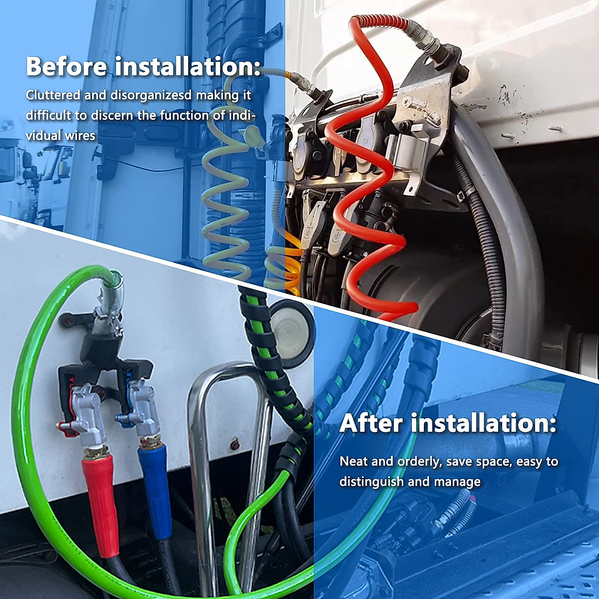 Voilamart 15Ft 3 in 1 ABS Air Power Line Hose Wrap Airline Air Line Wrap 7 Way Electrical Cable Air Lines with Emergency Glad Hand for Semi Truck Trailer Tractor