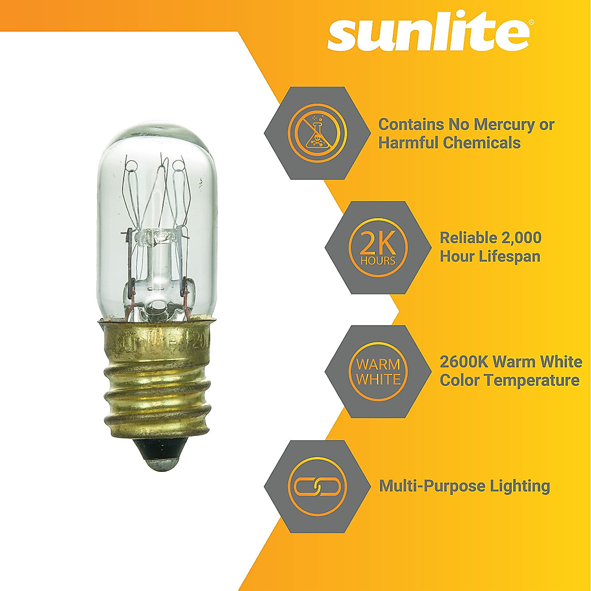 Sunlite 41717 Incandescent T4 Tubular Light Bulb, 15 Watts, 75 Lumens, Candelabra E12 Base, Dimmable, 2000 Hour Life Span, 2600K Warm White, 10 Count