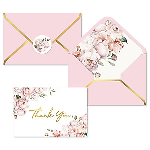 Whaline 24 Sets Floral Thank You Cards Gold Foil Thank You Greeting Cards Watercolor Pink Flower Blank Note Cards with Envelopes Stickers for Bridal Baby Shower Wedding Birthday Party, 4 x 6 Inch