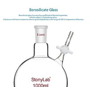 stonylab Reaction Flask, Borosilicate Glass Single-Neck Reaction Flask with 24/40 Joint and PTFE Stopcock Valve Round Bottom Flask, 1000 ml