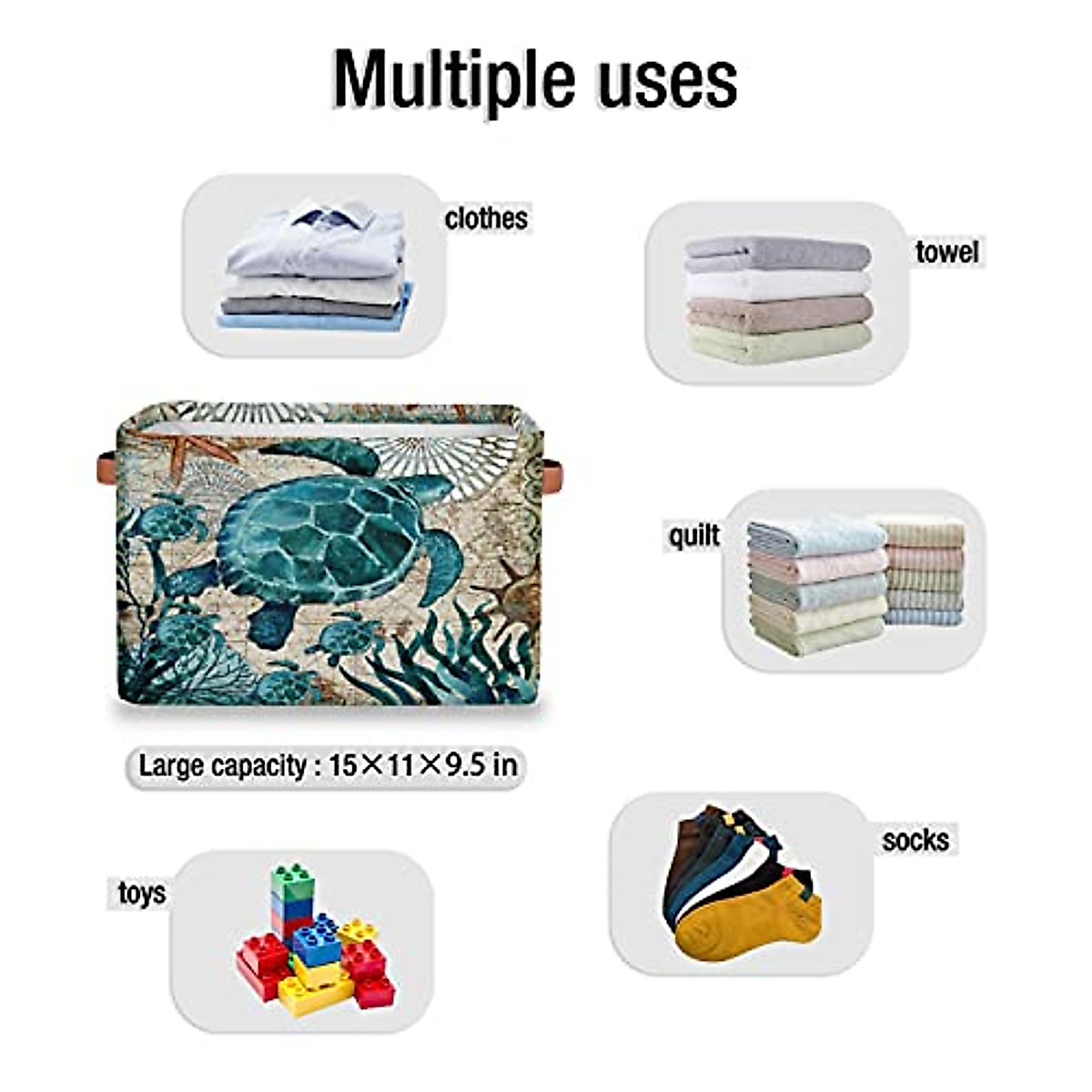Ocean Turtle Rectangular Storage Bin, Sea Turtle Storage Basket with Handles, Toy Bins, Laundry Hamper, Books Clothes Bag, Gift Baskets for Nursery Home Closet