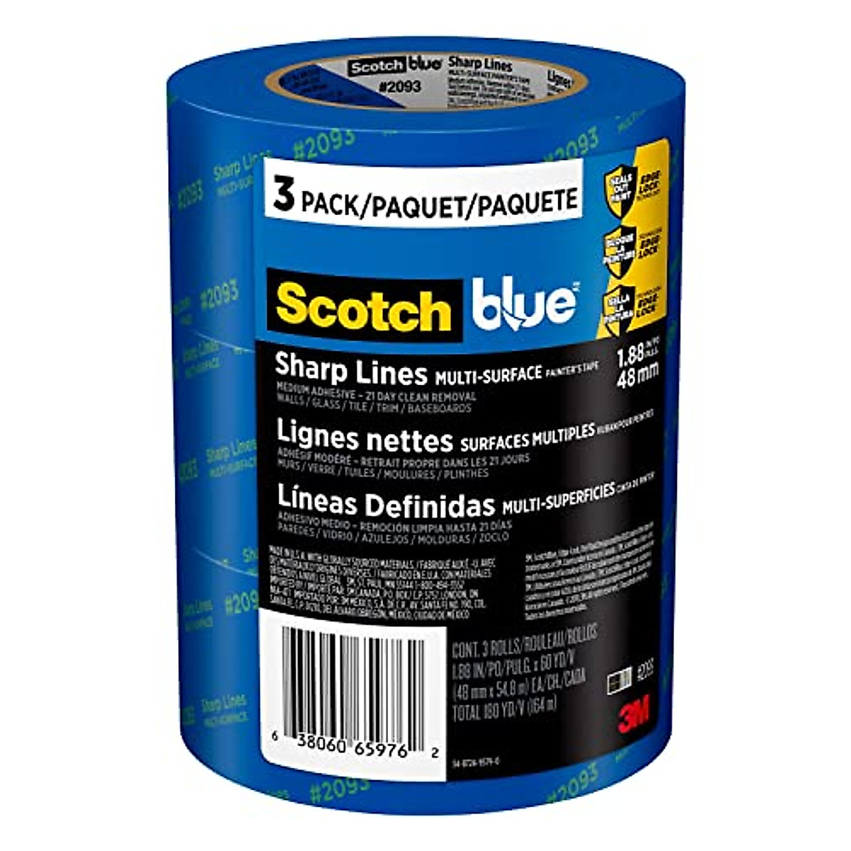 Scotch Painter's Tape 2093-48TC3 2093 Sharp Lines Multi-Surface Painters Tape, 3 rolls, Blue, 3 rolls