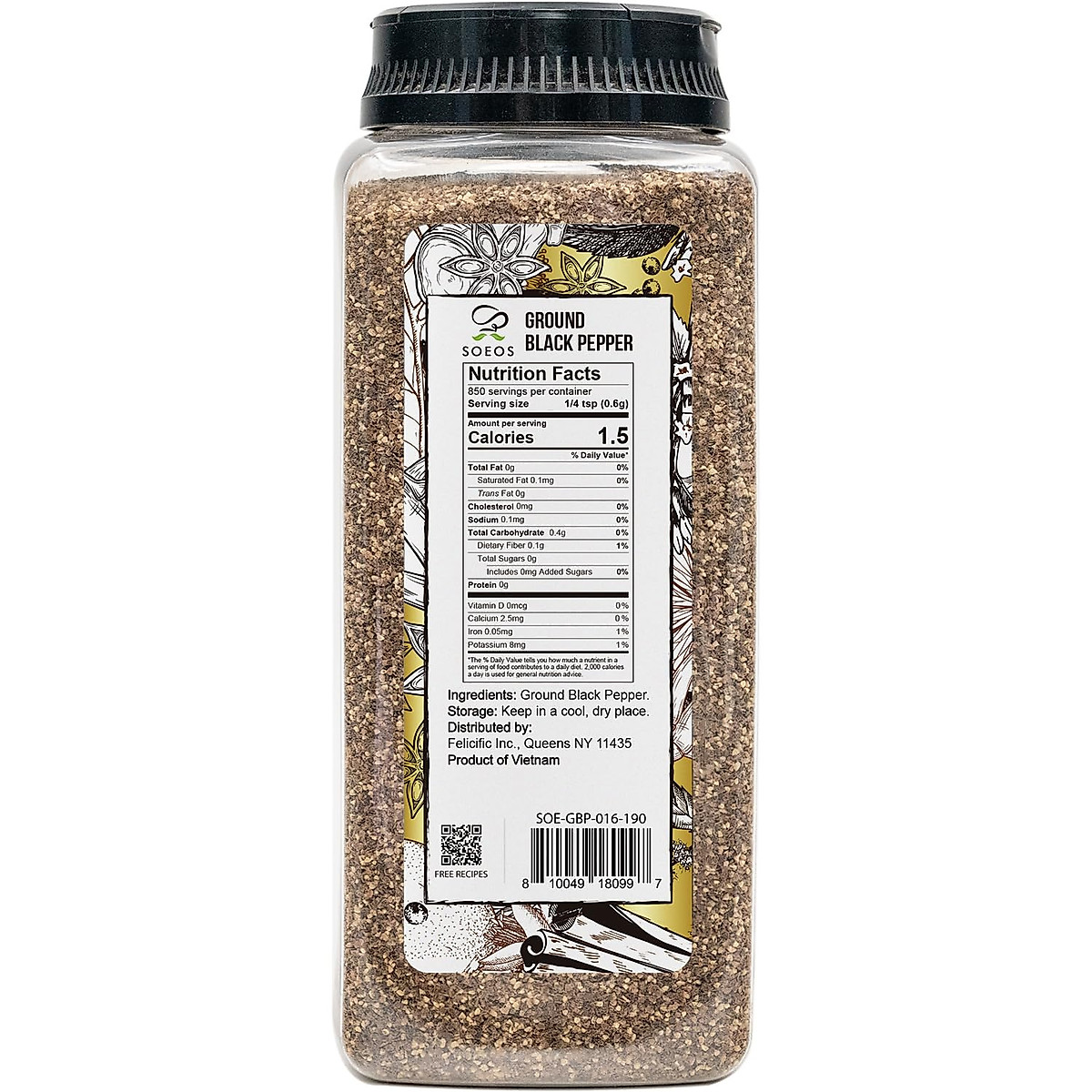 Soeos Table Ground Black Pepper, 18 oz (510g) Non-GMO, Freshly Peppercorn Powder Bulk, Packed to Keep Peppers Fresh, Ready to Use Peppercorns for Refill, Regular
