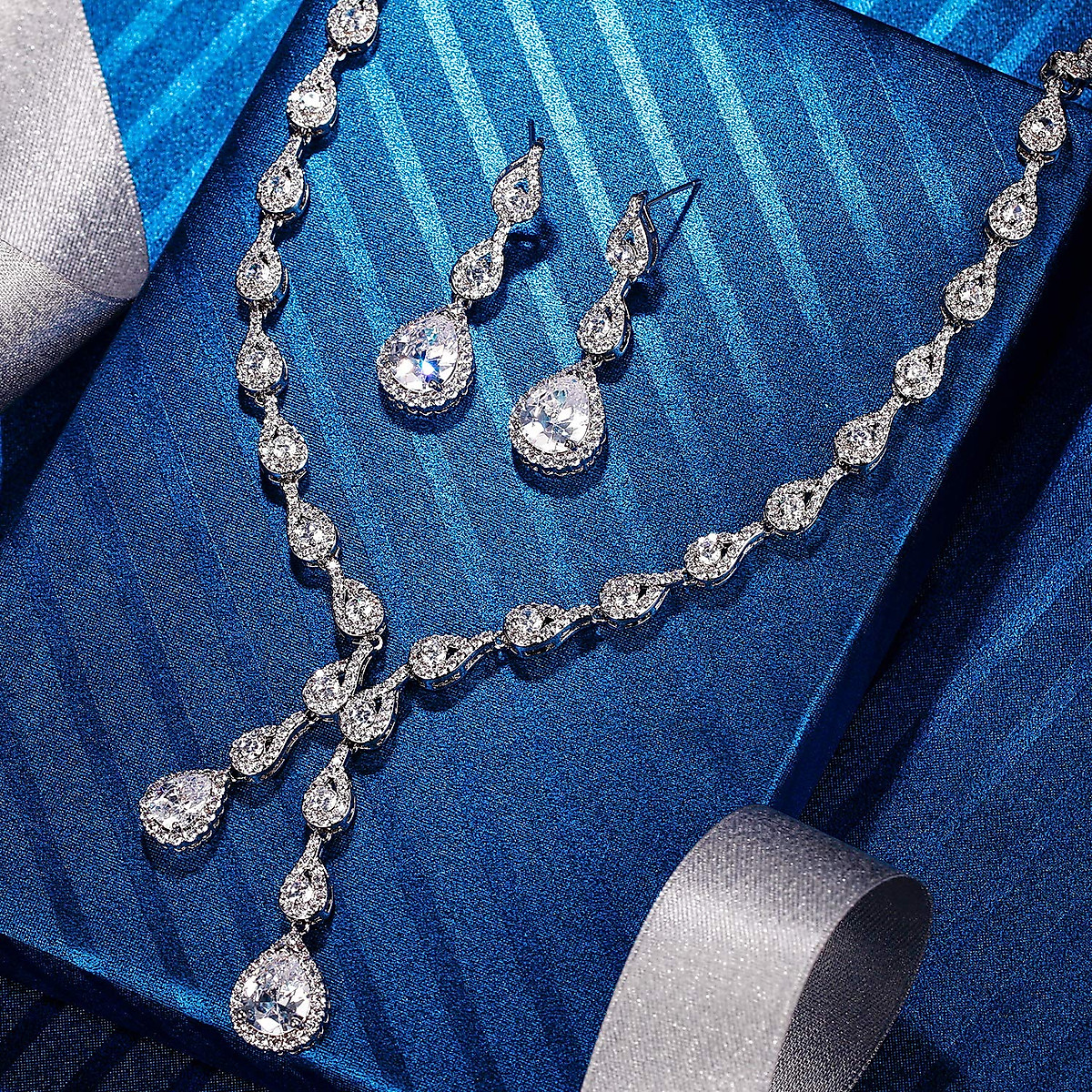 EleQueen Women's Cubic Zirconia Marquise-Shape Teardrop Wedding Bridal Necklace Earrings Jewerly Sets