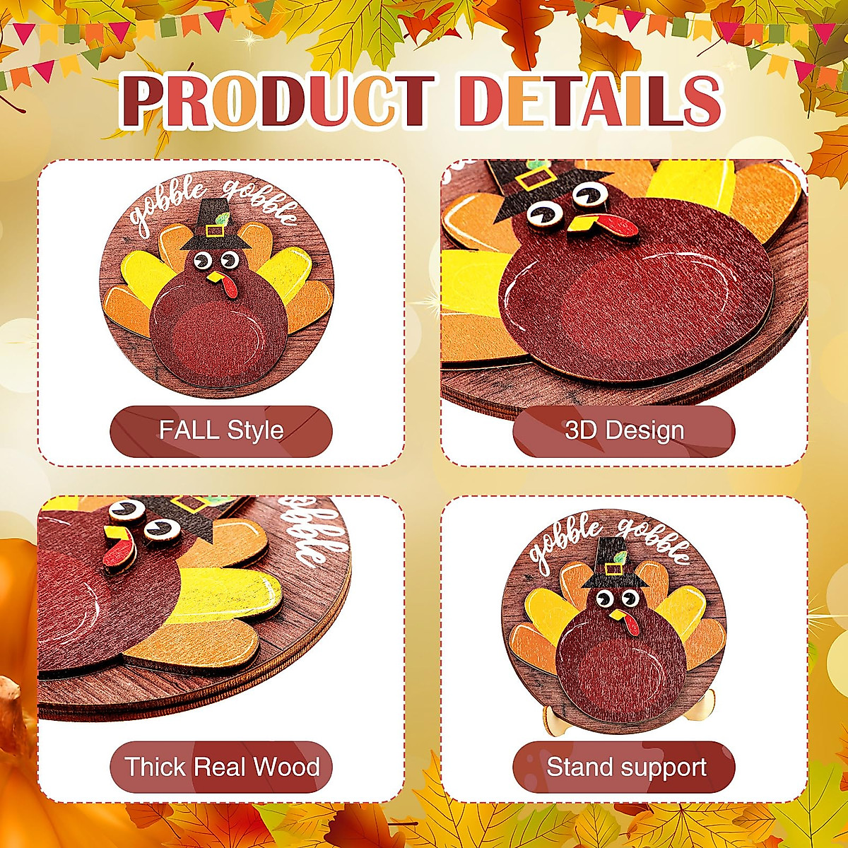 Fall Tiered Tray Decor Wooden Thanksgiving Tray Signs Rustic Farmhouse Pumpkin Maple Leaf Turkey Table Decor with Base Wood Frame for Autumn Thanksgiving Harvest Home Kitchen Decorations (Turkey)