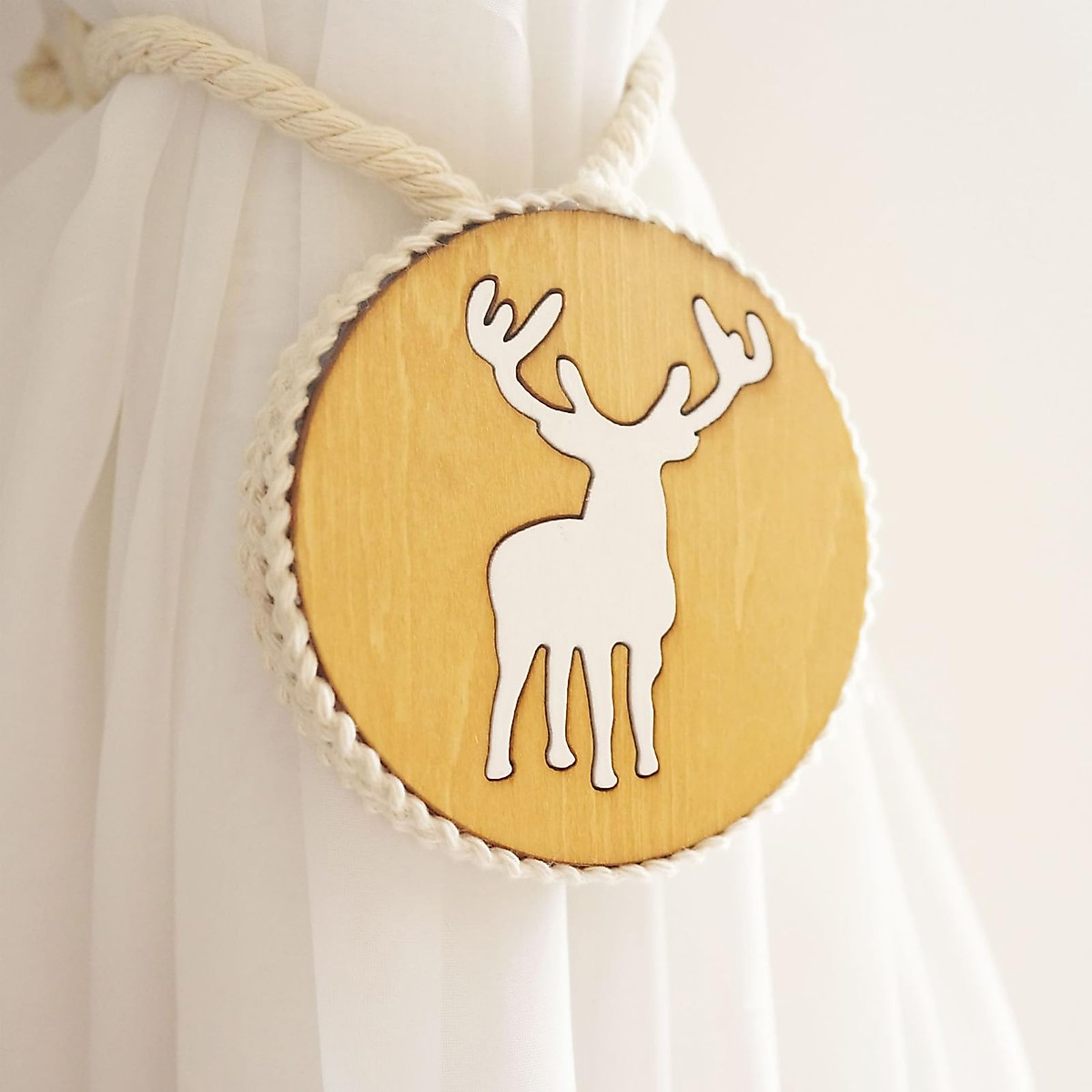 2 Pack Magnetic Curtain Tiebacks, Cute Deer Decorative Tie Backs Curtain Holdbacks for Drapes Wood Curtain Holders for Christmas Home Holiday Decor, No Screw