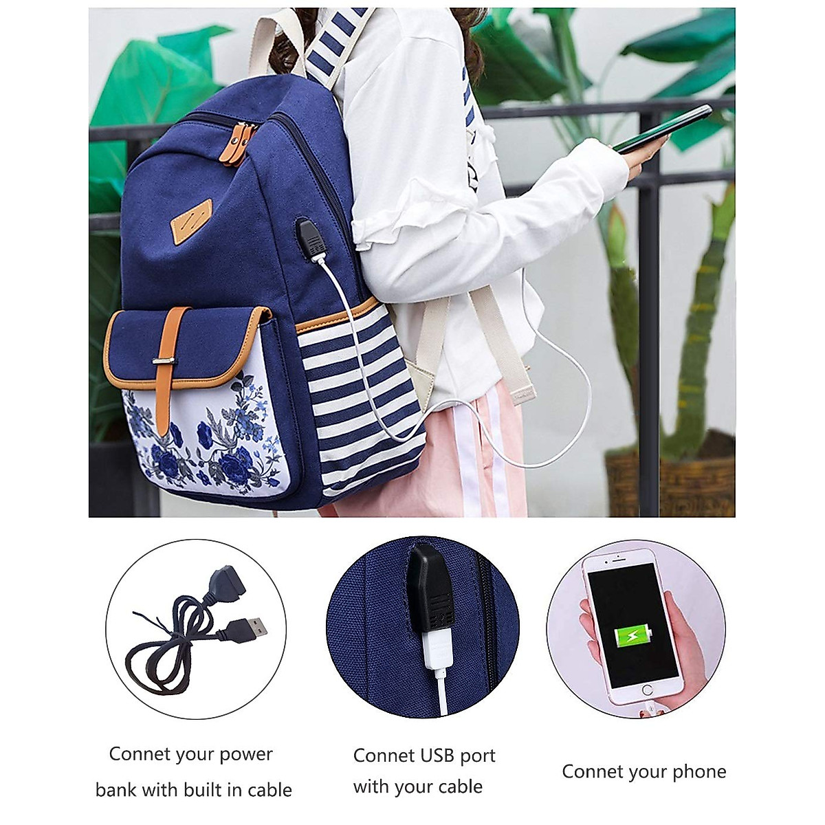 Goldwheat Canvas Backpacks for Girls with USB Charging Port School Bookbag