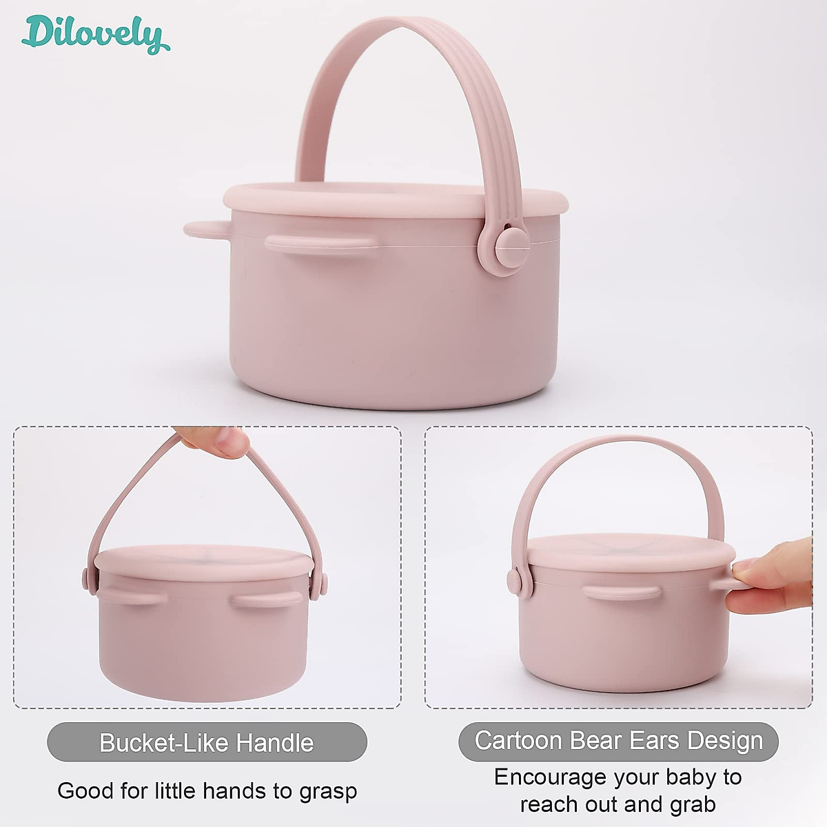 Dilovely Snack Cups for Toddlers, Baby Snack Containers, Silicone Toddler Snack Cups No Spill, Food Catcher with Lid & Bucket-like Handle, BPA Free & Dishwasher Safe, 9 Ounce Lilac