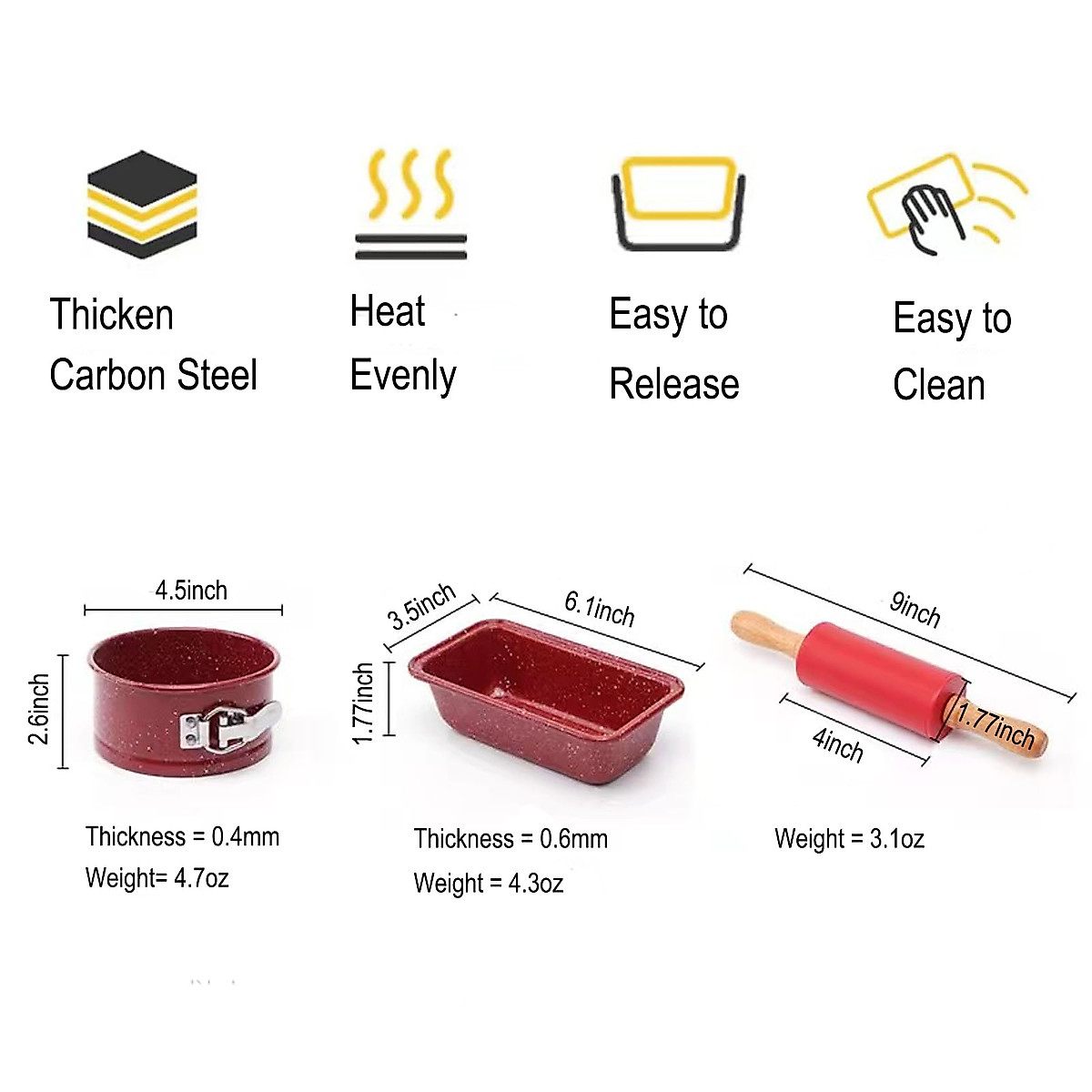 HYTK Nonstick Extra Small Bakeware Sets Baking Learning Tool for Kids Students Include 4Inch Springform Cake Pan, 6Inch Mini Loaf Pan, 9Inch Rolling Pin, BPA Free Cute Personal Portion Control