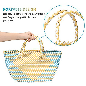 Yardwe Hand- Woven Straw Handbag Bag Wicker Handbag Basket Purse Retro Women Straw Tote Blue+ Yello