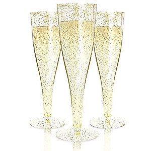 Prestee 100 Champagne Flutes Plastic | Disposable Champagne Flute | Gold Glitter Plastic Champagne Glasses for Parties | Mimosa Bar, Wedding, and Shower Party Supplies | Plastic Party Glasses (Gold)