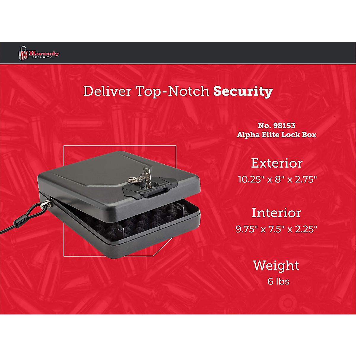 Hornady Alpha Elite Portable Lock Box for Guns and Valuables – Includes 2 Keys and 4 Foot Steel Cable – Thick 16-Gauge Steel, An Ideal Car Lock Box or Truck Safe – Black, 10.25 x 8 x 2.75 Inches