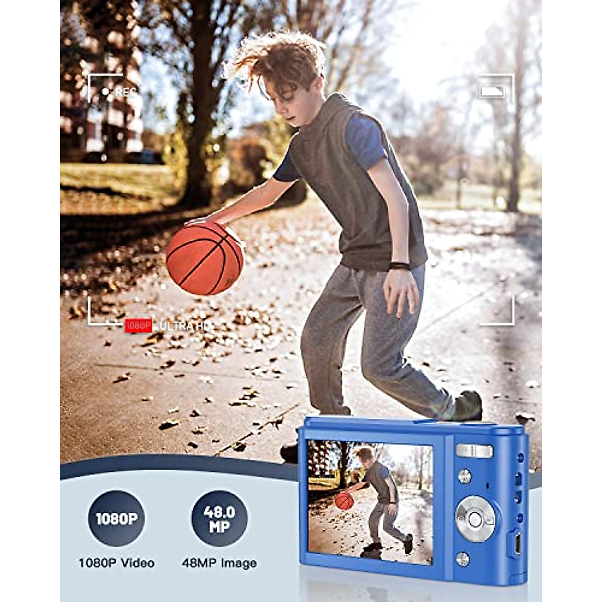 Digital Camera, Zostuic Autofocus 48MP Kids Camera with 32 GB Card Vlogging Camera with 16X Zoom, Compact Portable Mini Cameras for 4-15 Year Old Kids Children Teens Girls Boys(Navy Blue)