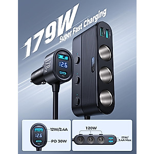 [2025 Upgraded] 7 in 1 Cigarette Lighter Adapter, JOYROOM 179W Car Charger Adapter with PD30W Charge(3.3FT Cable), 24V/ 12V Cigarette Lighter Splitter with Independent Switches & LED Voltage Display