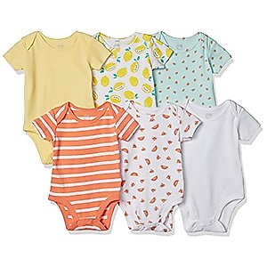 Amazon Essentials Baby Girls' Short-Sleeve Bodysuits, Pack of 6, Fruit/Girls, 3 Months