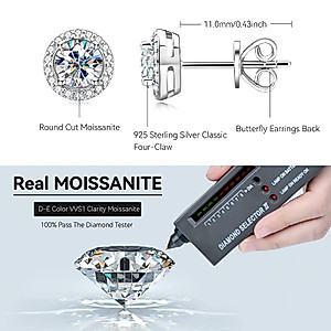 Moissanite Halo Stud Earrings for Women, 925 Sterling Silver Moissanite Diamond Stud Earrings, Hypoallergenic Bezel Earrings for Women Men, 6.5mm/2ct Christmas New Year Gifts