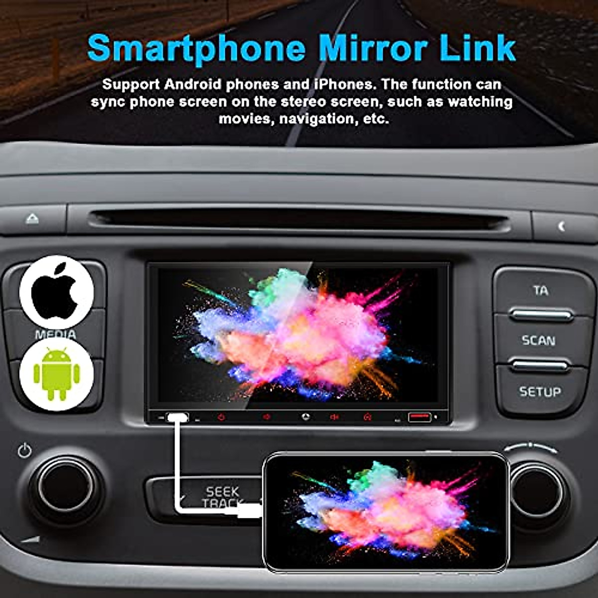 YUANTING Newst Double Din Car Stereo with Voice Control Carplay and Android Auto,7 Inch Capacitive HD Touchscreen,Bluetooth，Mirror Link, Subwoofer，Waterproof Backup Camera/SWC/AM/FM/2USB