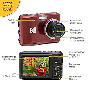 Kodak PIXPRO FZ45 Digital Camera + 32GB Memory Card + Point and Shoot Camera Case + Extendable Monopod + Lens Cleaning Pen + LCD Screen Protectors + Table Top Tripod – Ultimate Bundle (Red)
