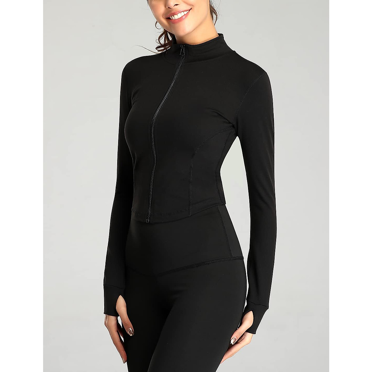 Gnveub Women’s Sports Running Jacket Slim Fit Stretchy Full Zip Athletic Workout Lightweight Jacket with Thumb Holes(Black,XL)