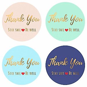 Mobiusea Party Thank You Stickers Roll | Stay Safe and Be Well | 1.5 inch | Waterproof | 500 Labels for Small Business, Packaging, Mailer Seal Stickers |4 Pastel Colors with Gold Foil Designs