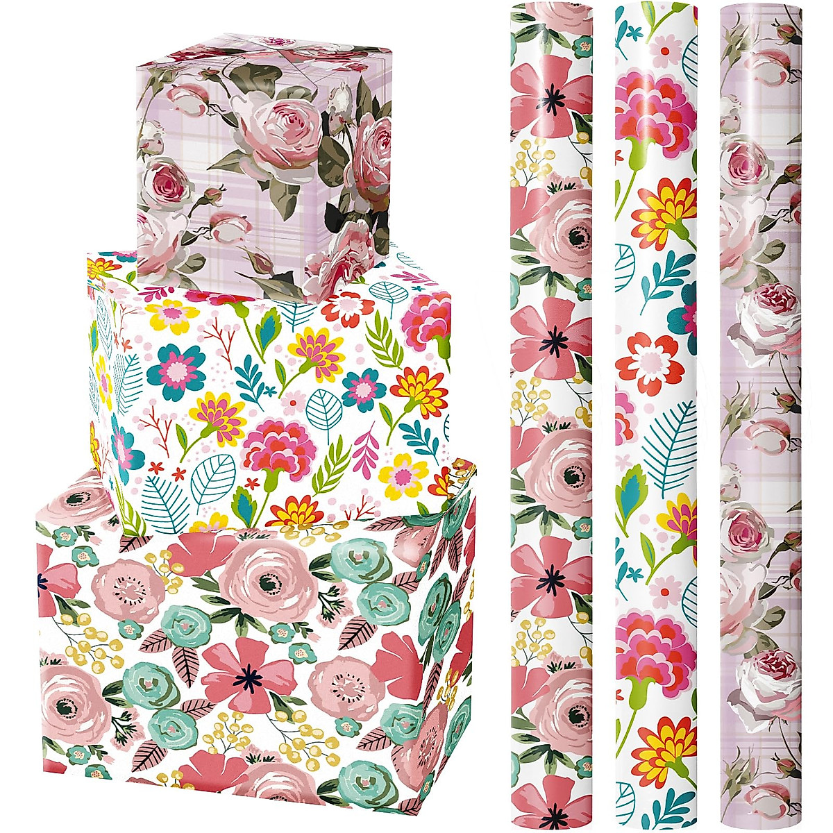 WRAPAHOLIC Wrapping Paper Roll - Mini Roll - 3 Rolls - 17 Inch X 120 Inch Per Roll - Elegant Floral for Wedding, Birthday, Holiday, Baby Shower