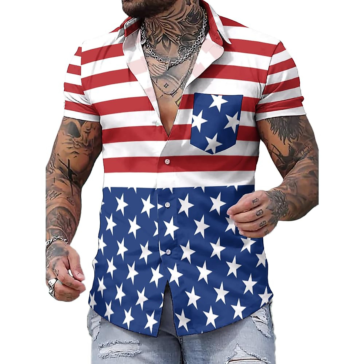 Cerburny Hawaiian Shirt for Men Short Sleeve Button Down Red American Flag Mens Casual Summer Beach Printed Shirts