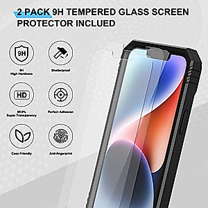 BOBOM [4 in 1 Armor Case for iPhone 14 Case with Stand & Camera Cover [2 Pack Tempered Glass Screen Protector Included] Military Grade Heavy Duty Protective Ring Holder Kickstand Case 6.1 Inch, Black
