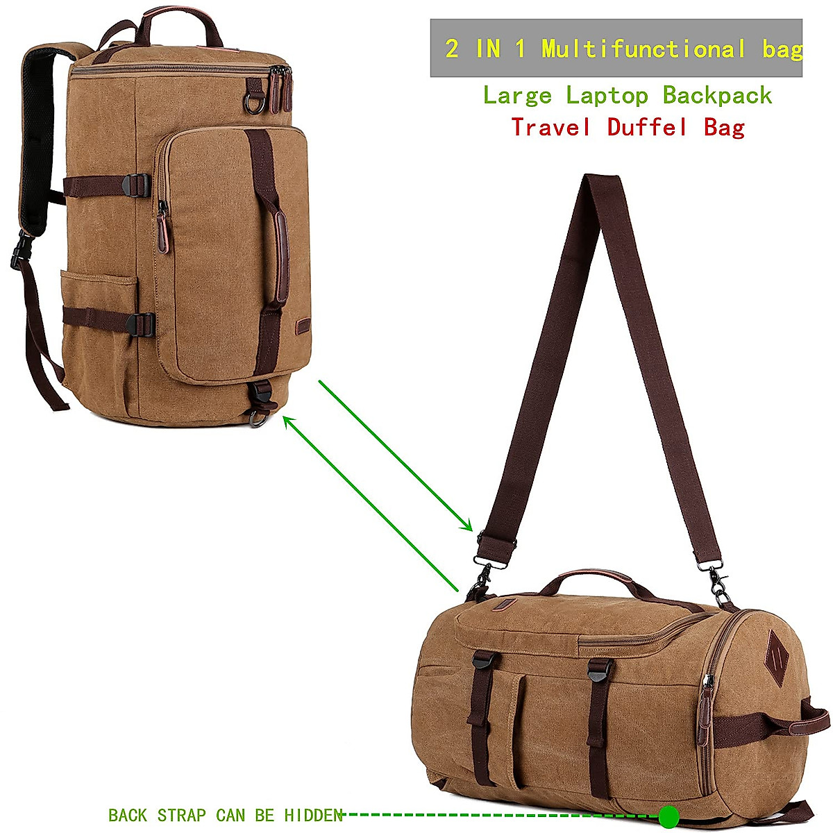 Baosha Canvas Weekender Travel Duffel Backpack Hybrid Hiking Rucksack Laptop Backpack for Outdoor Sports Gym HB-26(Coffee)