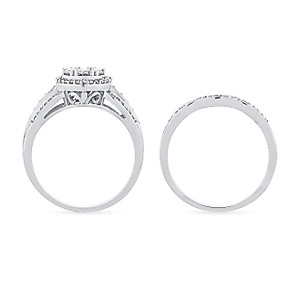 10K White Gold 3/4 Cttw Diamond Cluster Halo 3 Row Split Shank Engagement Ring & Wedding Band Bridal Set (H-I Color, I1-I2 Clarity) - Size 8