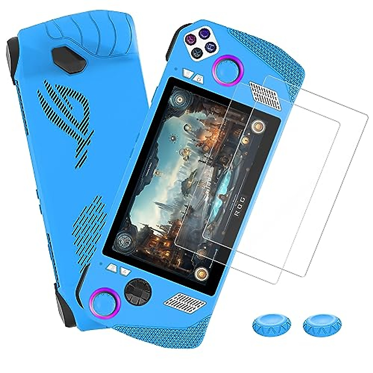 PAKESI Silicone Case for ASUS ROG Ally 2023 Release,Handheld Game Console Cover Protector Case with 2 Thumb Grip Caps and 2 Pack Screen Protectors - Enhance Your Gaming Experience(Blue)
