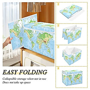 World Map Storage Basket 16.5x12.6x11.8 In Collapsible Fabric Storage Cubes Organizer Large Storage Bin with Lids and Handles for Shelves Bedroom Closet Office