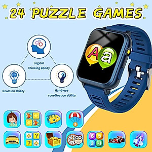 Vakzovy Kids Smart Watch Boys Girls Gifts for 3-12 Year Old, 24 Games HD Touch Screen Camera Video Music Pedometer Flashlight Alarm Clock Smart Watch for Kids Birthday Gifts for 6 7 8 9 Year Olds