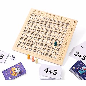 2 in 1 Multiplication Addition Math Board Game for Kids - Wooden Montessori Math Toys for Girls Boys 4 5 6 7 8 9 Years Old Wood Double Sided Board Table Dice Card Games for Family