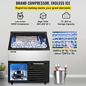 VEVOR 110V Commercial Ice Machine 440LBS/24H with 77LBS Bin, Full Cube, LED Panel, Stainless Steel, Air Cooling, ETL Approved, Professional Refrigeration Equipment, Include Scoop and Connection Hose