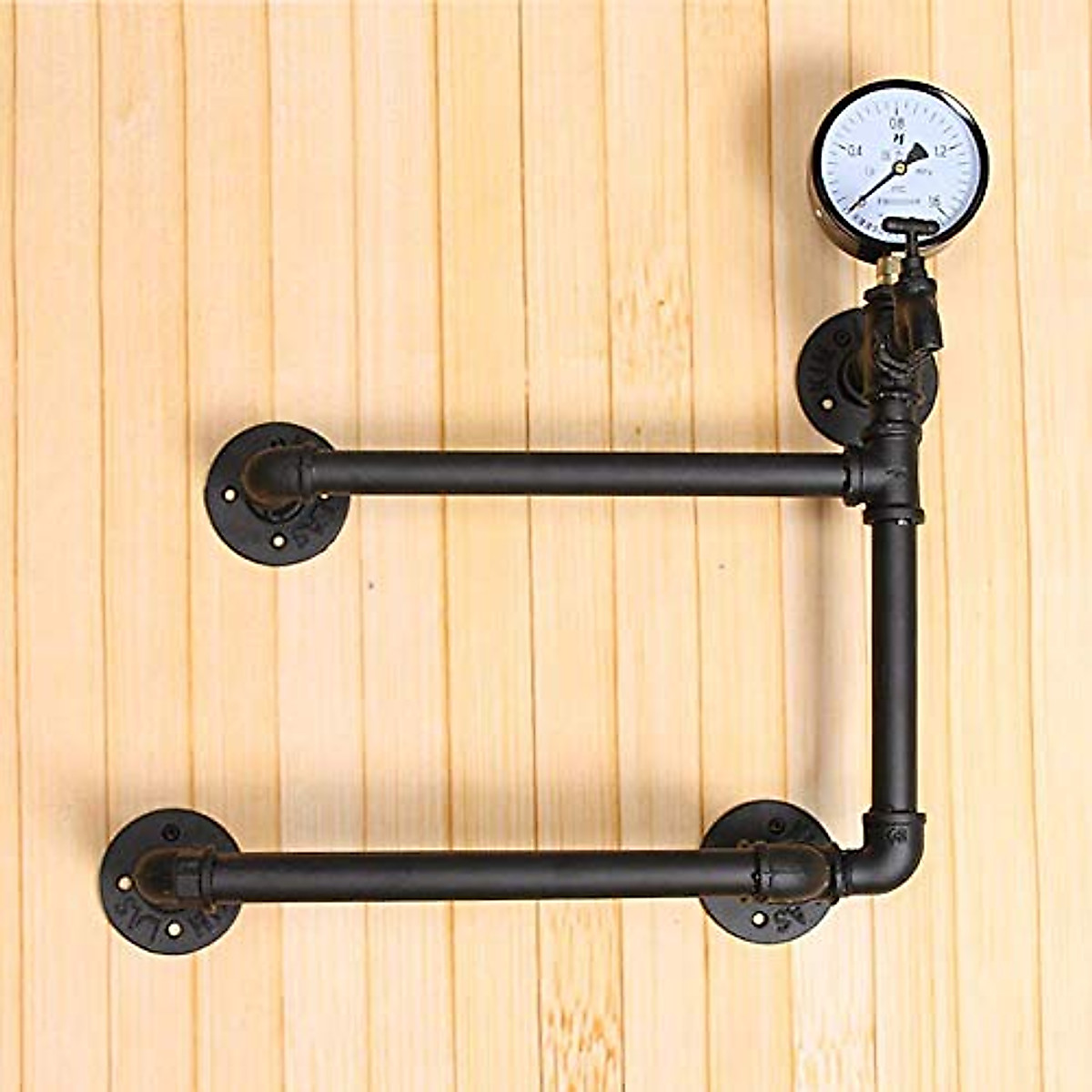 Stylish Simplicity Shelf Wall Mounted Floating Rack Wooden Industrial Style Shelf Solid Wood Iron Art Retro Display Stand with Pressure Gauge Wine Racks Restaurant Wineglass, PIBM, Black, 59x18x5
