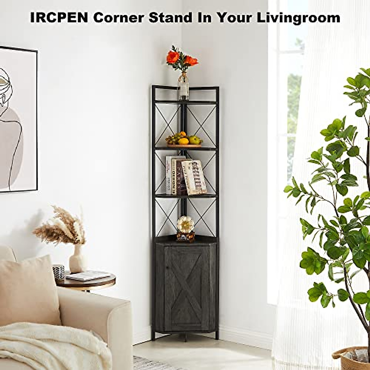 IRCPEN 5-Tier Standing Corner Shelf,70.5" Tall Ladder Corner Storage Cabinet with Doors,Rustic Display Rack Multipurpose Bookshelf Bookcase,Plant Stand for Living Room, Bedroom (12.6x18.9x70.47inches)