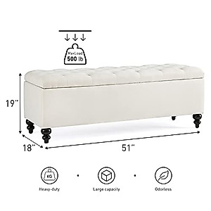 HUIMO Ottoman with Storage, 51-inch Storage Ottoman Bench with Button-Tufted, Bedroom Bench Safety Hinge Ottoman in Upholstered Fabrics, Large Storage Bench for Bedroom, Living Room (Ivory)