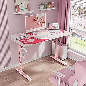 EUREKA ERGONOMIC 47 Inch Pink Computer Gaming Desk,Curved Edge Home Office Gaming Table Study Writing Desk W Full Mouse Pad Cup Holder Headphone Hook Controller Stand Gift for Girls