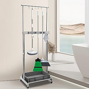 Broom and Mop Holder, 5 mop holes and 12 foldable hooks, Put Wet Mops Movable Floor with a large water tank, Mounted Mop Rack Floor, Stainless Steel Color