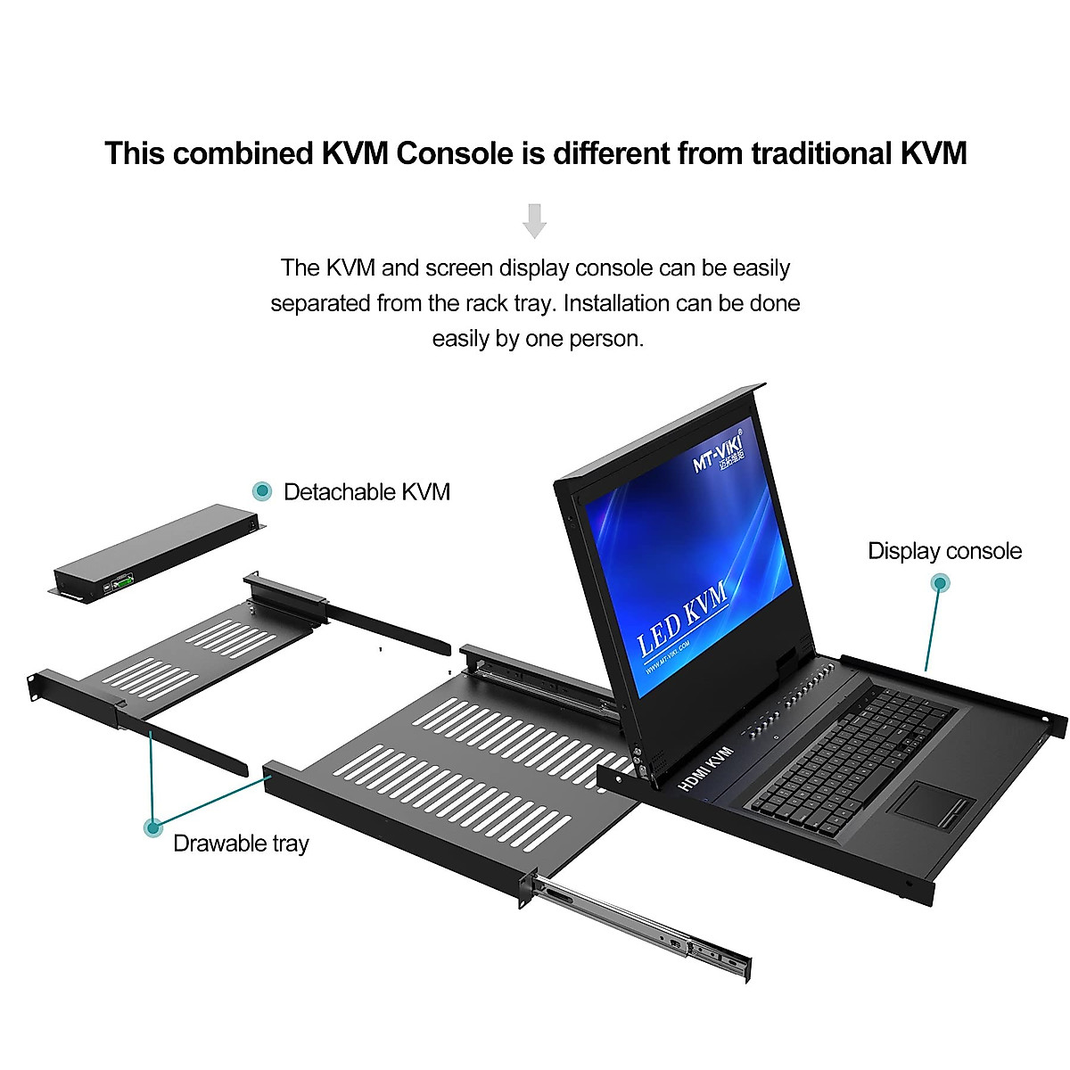 MT-VIKI® Rack Mount KVM HDMI w/ 17.3'' LCD Monitor, 1080P 8 Port LCD KVM Console Integrated Touch-pad++Monitor+Keyboard+8 KVM Cables, Support OSD/Hotkey, Fit 1U 19'' Rack