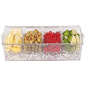 Ice Chilled 4 Compartment Condiment Server Caddy - Serving Tray Container with 4 Removable Dishes and Hinged Lid | 3 Serving Spoons + 3 Tongs Included