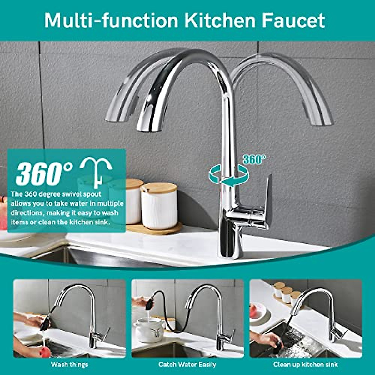 Fulgutonit Kitchen Faucet with Hidden Pull Down Sprayer, Modern High Arc Single Hole Pull Out Kitchen Sink Faucets for Bar Laundry RV Utility Sink, Chrome