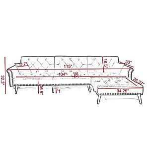 ATY Sectional Convertible Futon Sofa Bed, L-Shaped Couch with 2 Pillows and Reversible Chaise Lounge, Velvet Nailhead Decor Livingroom Furniture, 115", Red