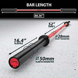 Synergee Games 20kg Colored Men’s Red Ceramic Coated Barbell. Rated 1500lbs for Weightlifting and Powerlifting