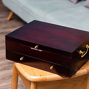 GENRICE Wooden Silverware Chest without Silverware Double-layer, Silverware Box Storage for Silver, Silverware Case with Handle and Felt Lined, Flatware Chest for 12 or 16 or more sets of Utensils