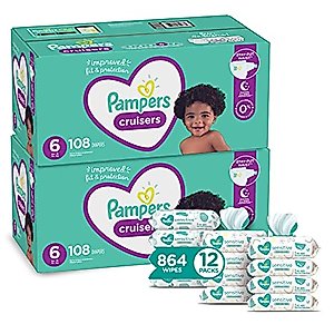 Pampers Cruisers Disposable Baby Diapers Size 6, 2 Month Supply (2 x 108 Count) with Sensitive Water Based Baby Wipes, 12X Pop-Top Packs (864 Count)